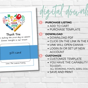 Back to School Teacher Restaurant Printable Gift Card Holder | Dinner ...