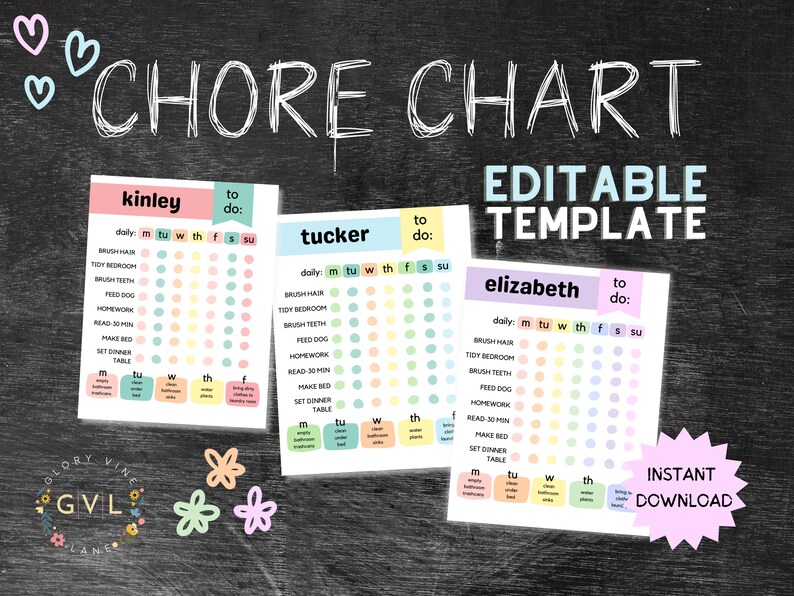 Kid's Chore Chart | Colorful | Tracker | Printable | Customizable ...