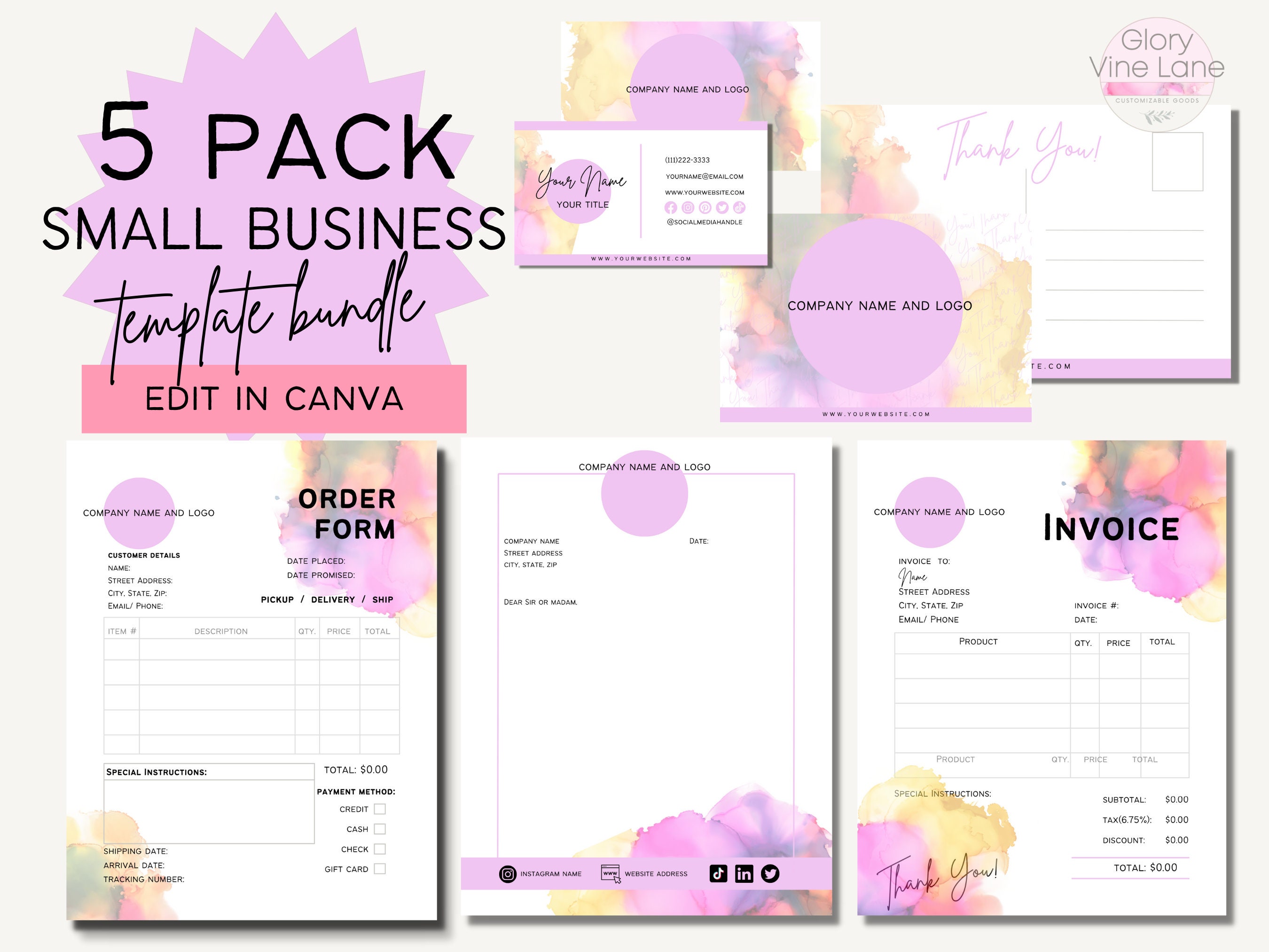 Pink Fire Watercolor Invoice Editable Template, Printable Invoice Form ...