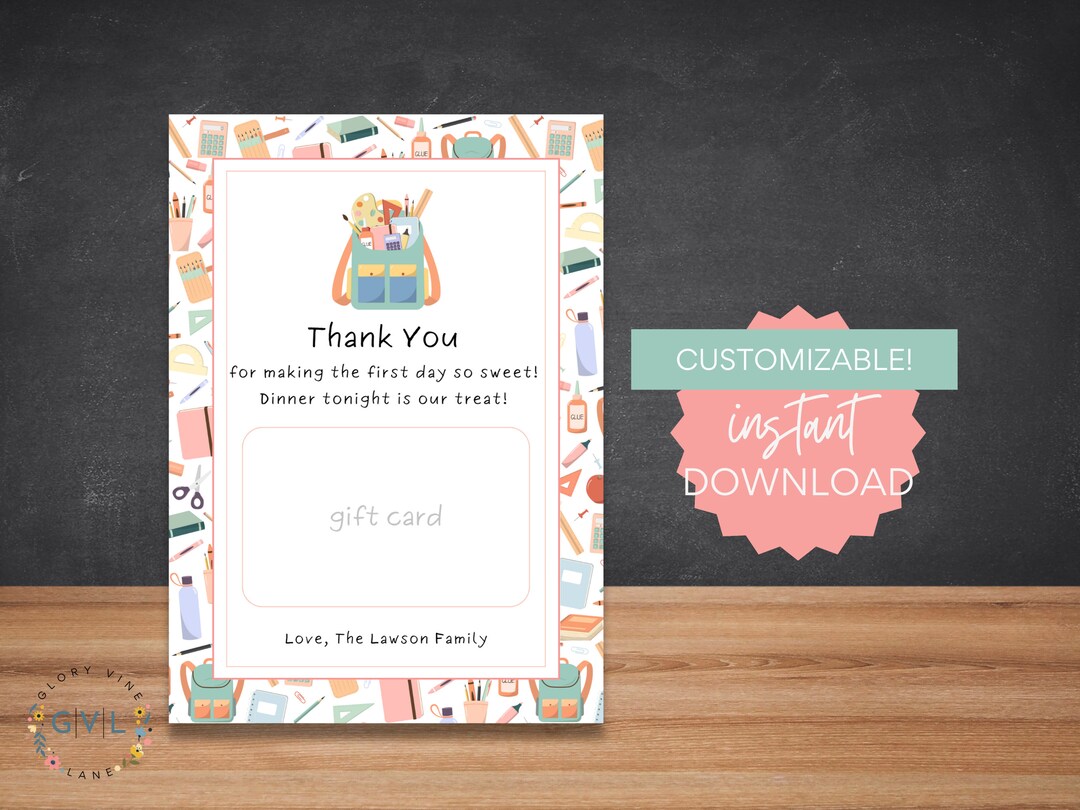 Back to School Teacher Restaurant Printable Gift Card Holder | Dinner ...