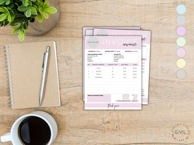 Small Business Invoice Template, 7 Colors, Canva Editable Digital ...
