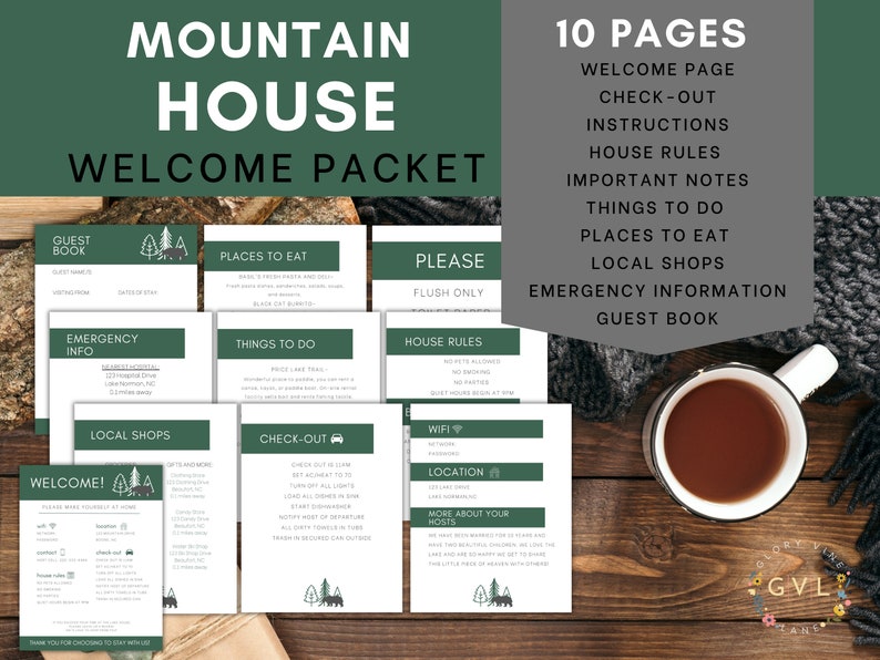 10 Pack, Mountain House Rental Welcome Packet Editable Template ...