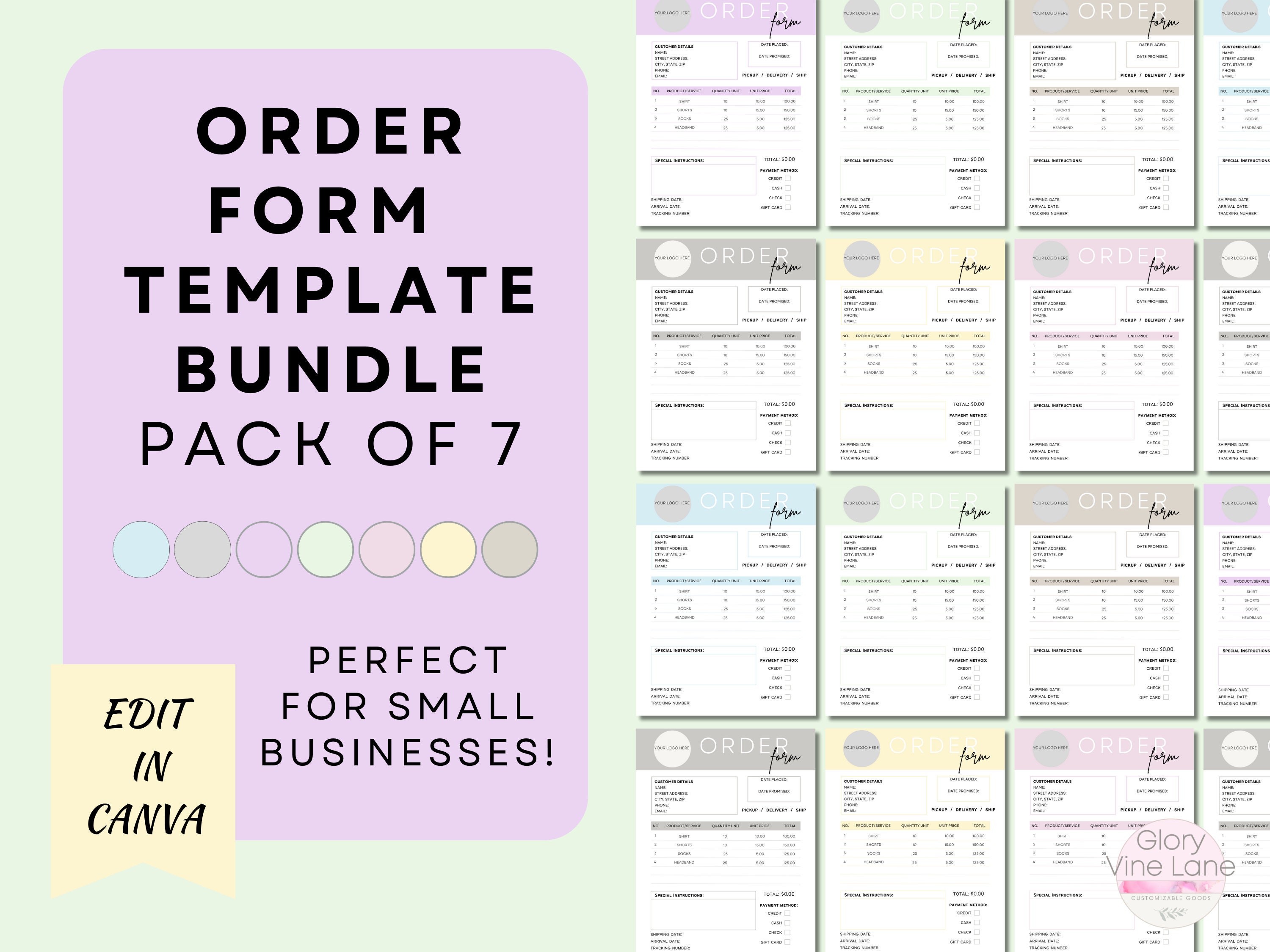 Order Form Editable Template, Printable Order Form, 7 Colors Digital ...