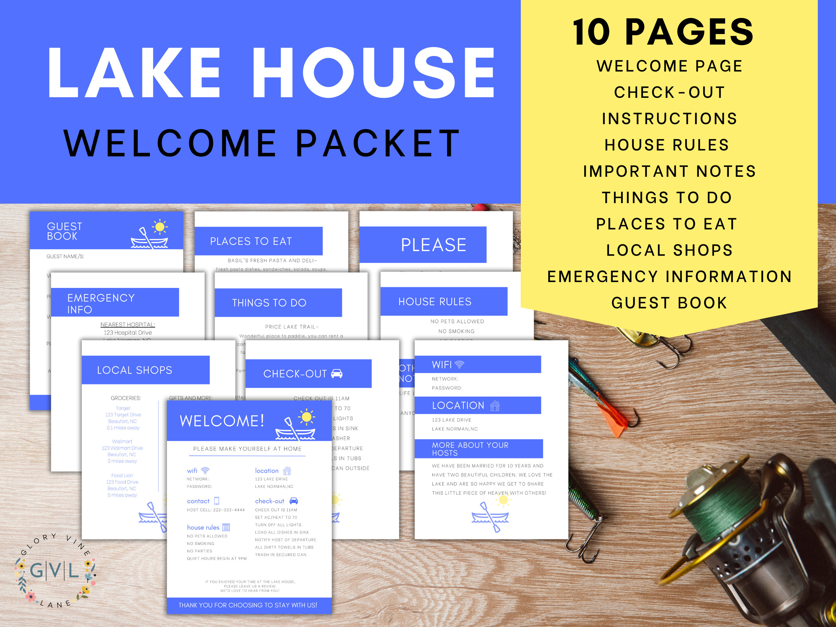 10 Pack, Lake House Rental Welcome Packet Editable Template, Bold ...