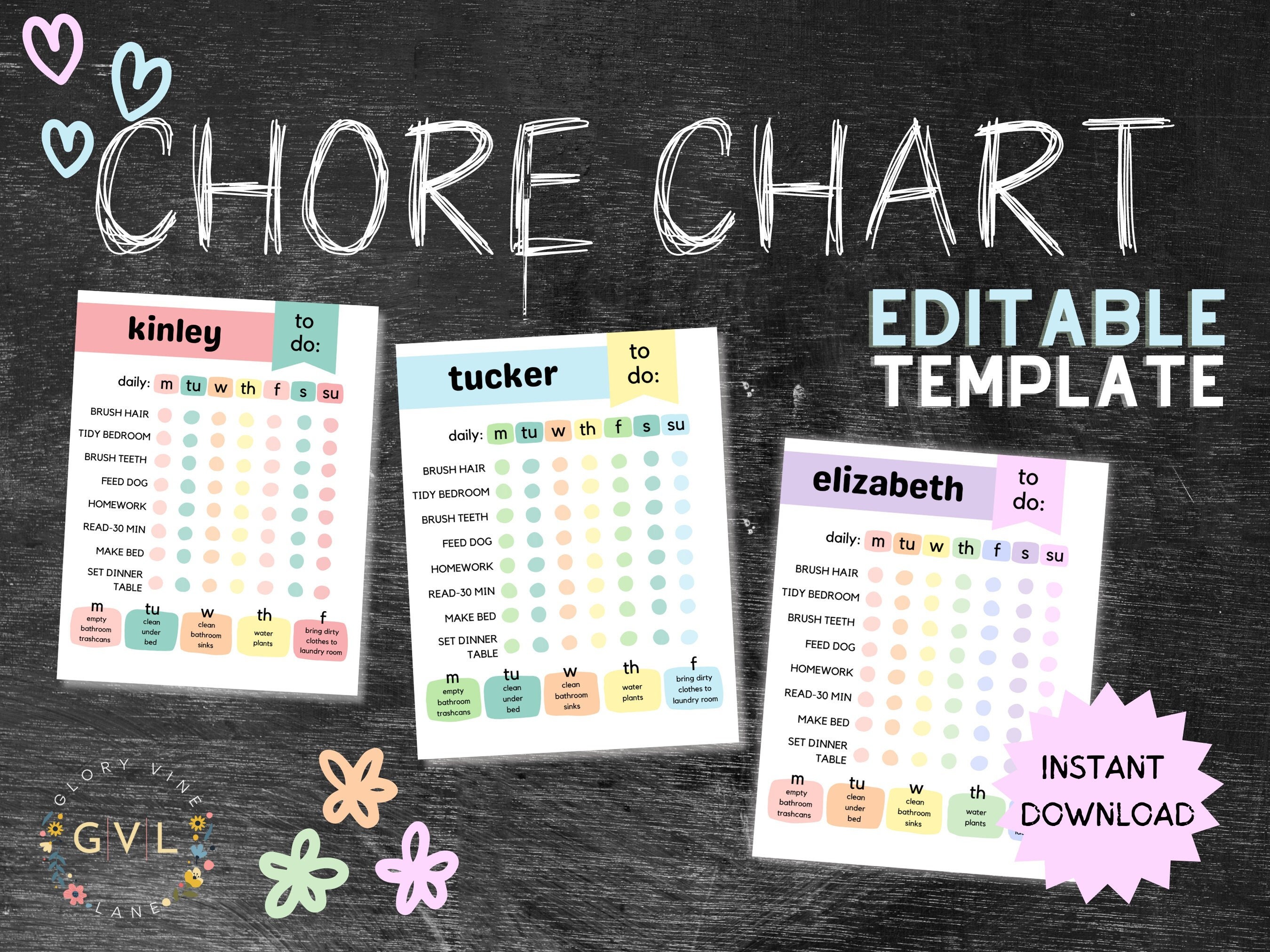 Kid's Chore Chart Colorful Tracker Printable Customizable Template - Etsy