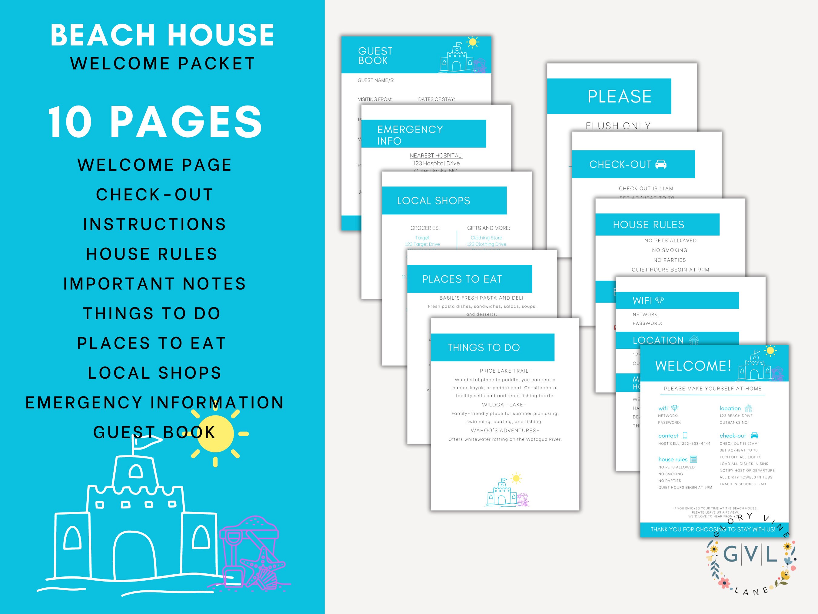 10 Pack, Beach House Rental Welcome Packet Editable Template, Welcome ...