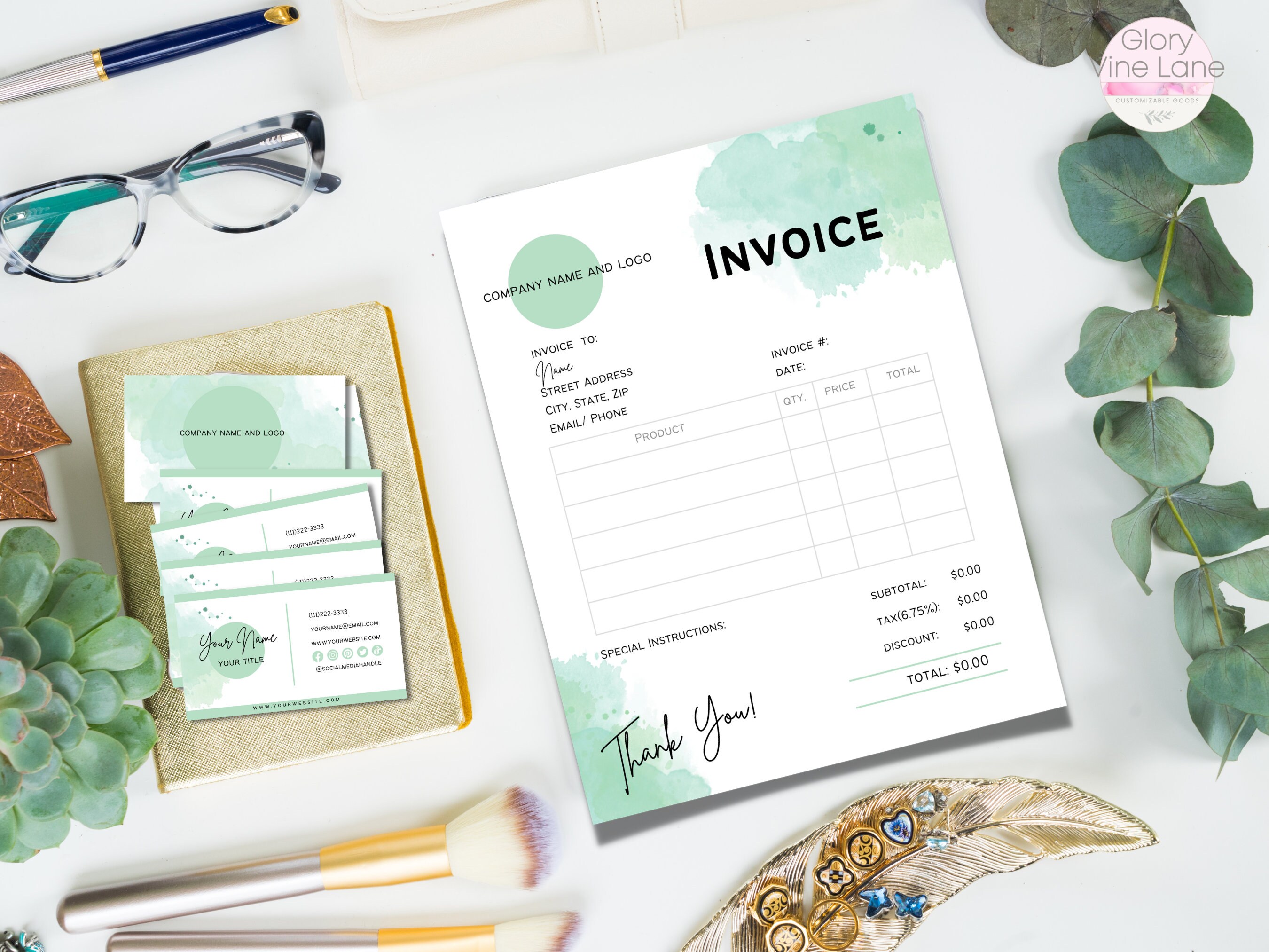 Green Watercolor Invoice Editable Template, Printable Invoice Form ...