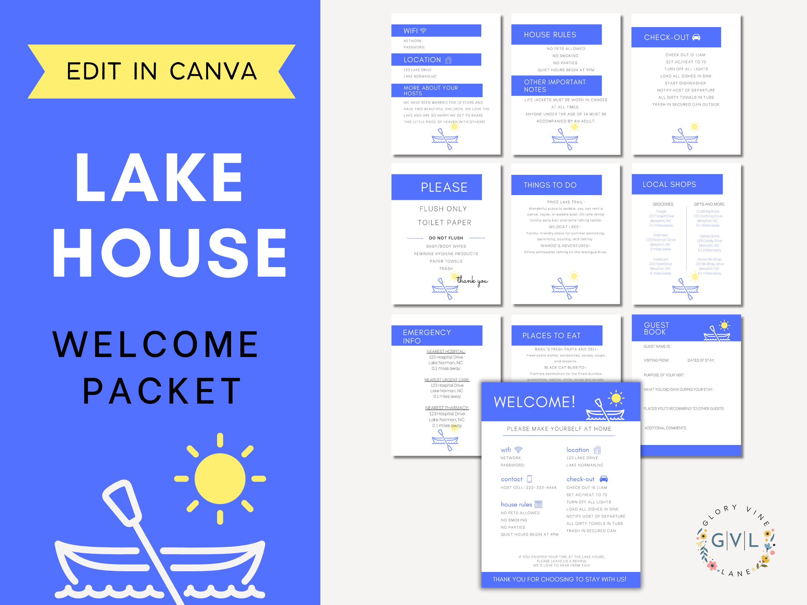 10 Pack, Lake House Rental Welcome Packet Editable Template, Bold ...