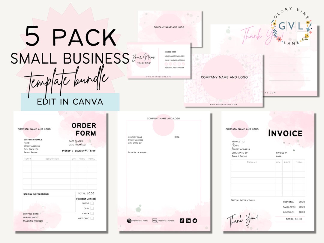 Pink Small Business Bundle, Invoice Template, Business Card, Order Form ...
