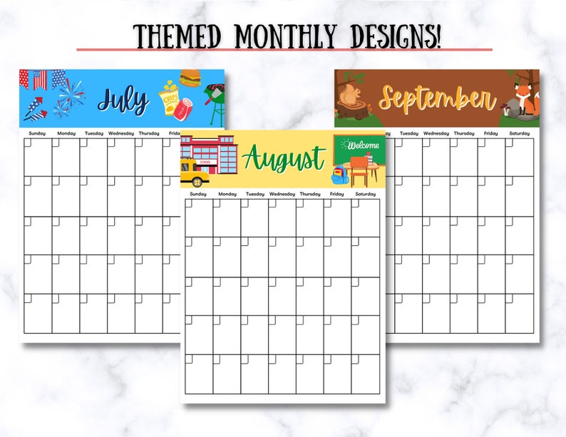 PRINTABLE Themed Yearly Calendar Digital Download Calendar Printable 12 ...