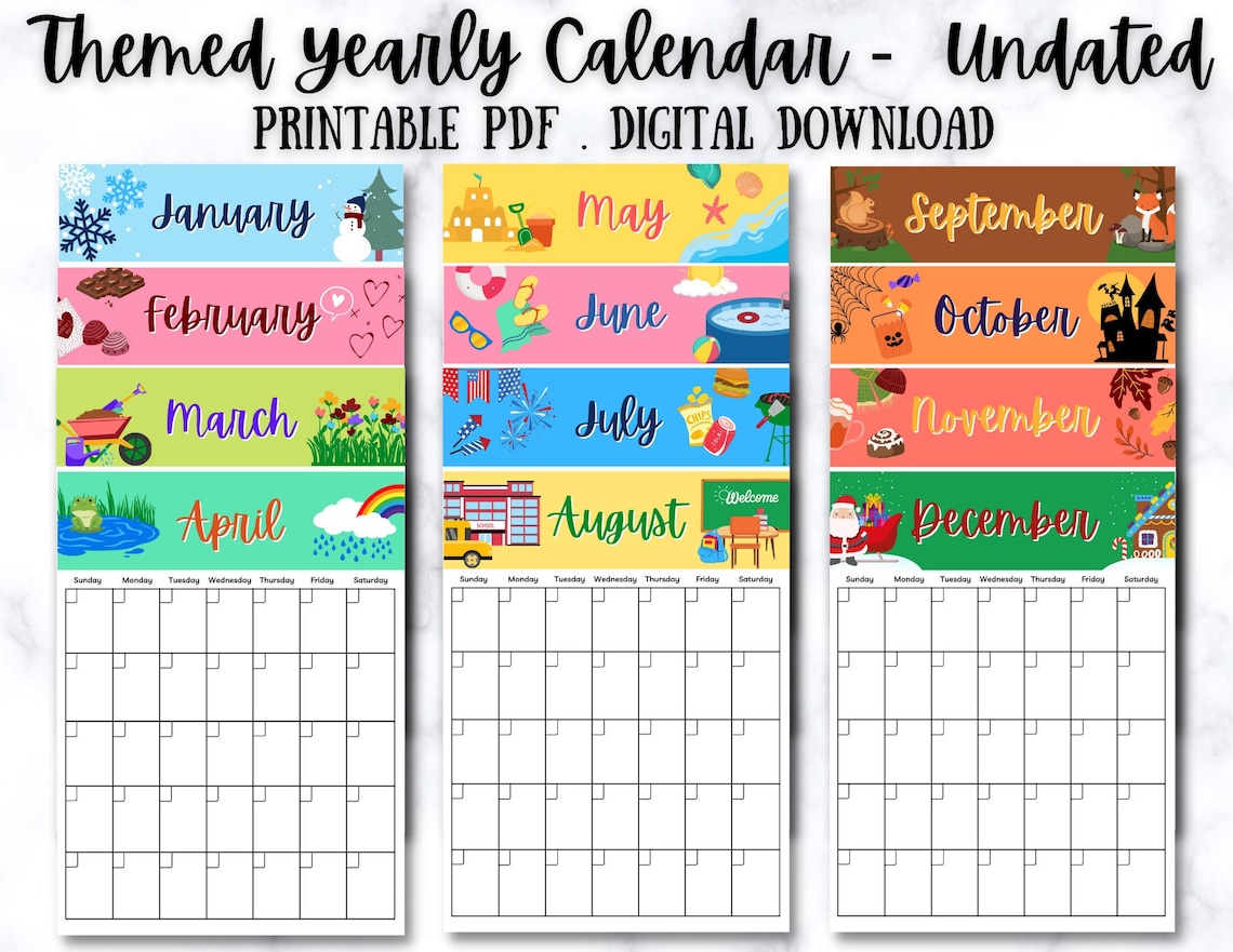 PRINTABLE Themed Yearly Calendar Digital Download Calendar Printable 12 ...