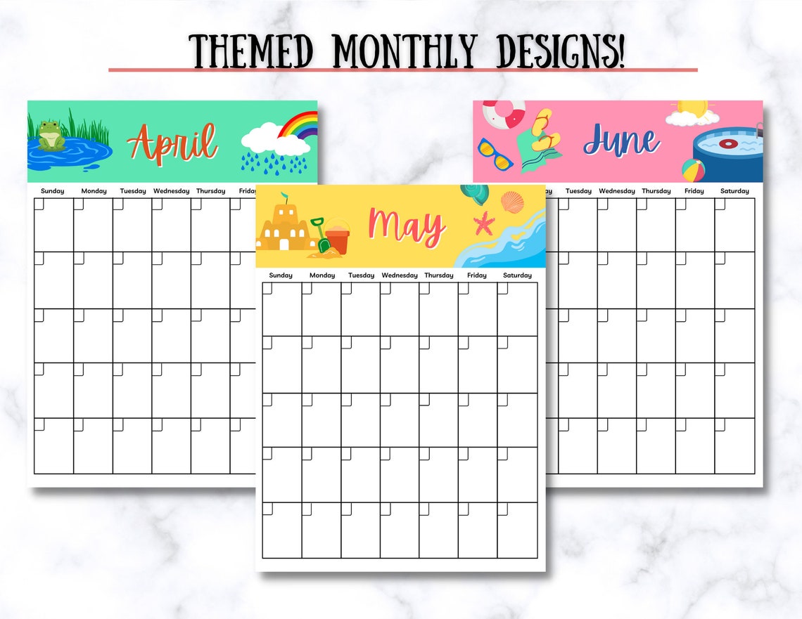 PRINTABLE Themed Yearly Calendar Digital Download Calendar Printable 12 ...