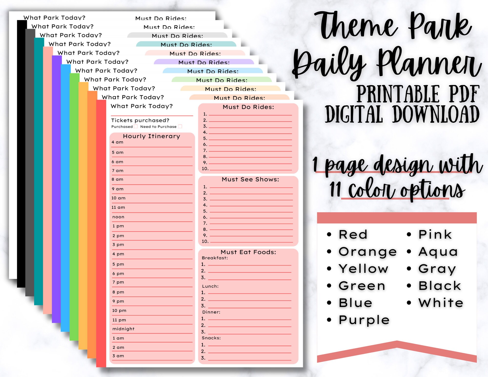 PRINTABLE Theme Park Daily Planner Digital Download Vacation Planner ...
