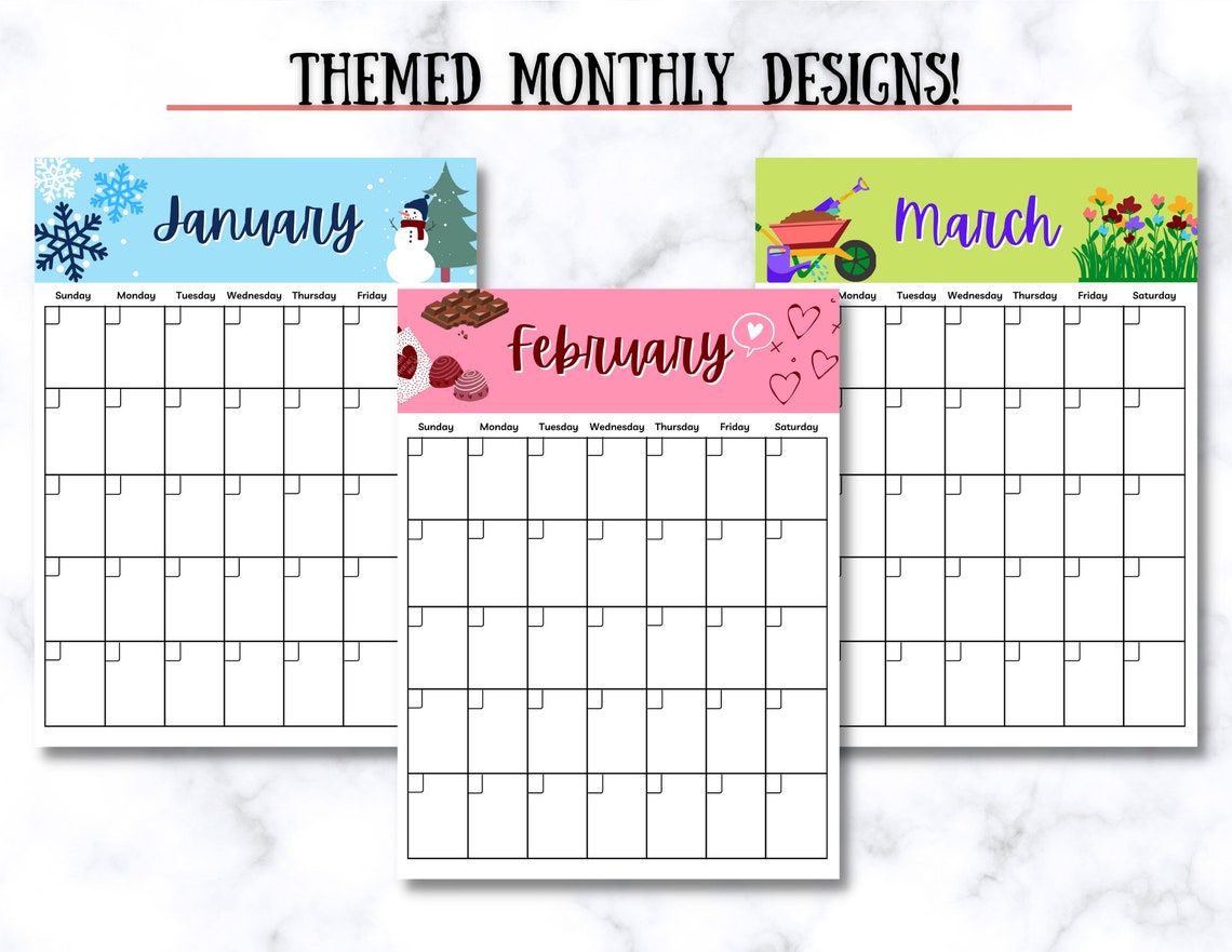 PRINTABLE Themed Yearly Calendar Digital Download Calendar Printable 12 ...