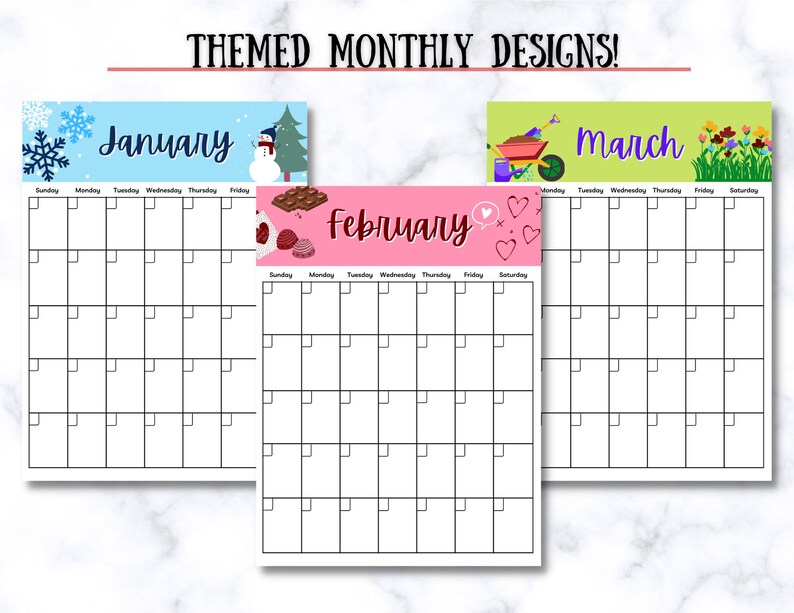 PRINTABLE Themed Yearly Calendar Digital Download Calendar Printable 12 ...