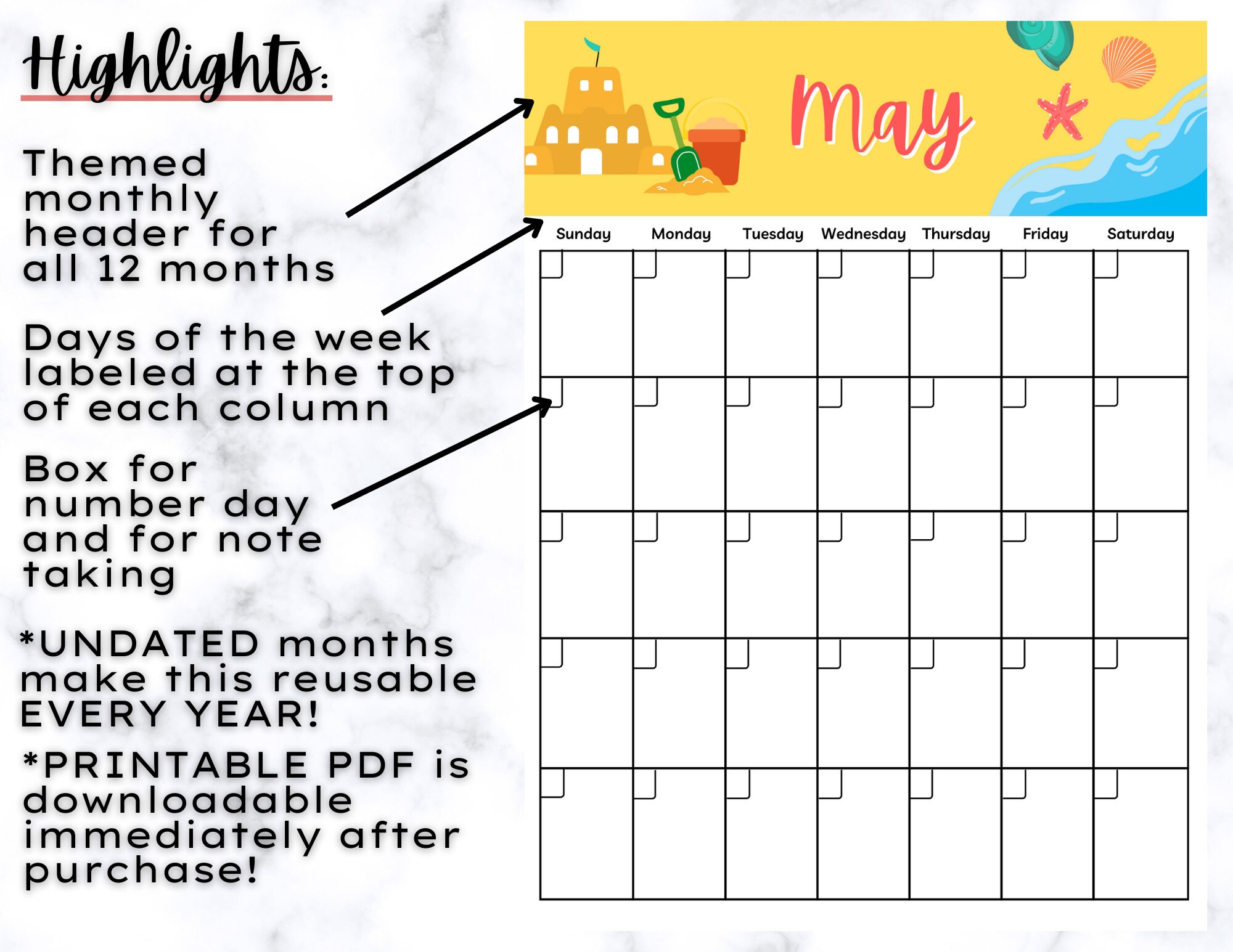 PRINTABLE Themed Yearly Calendar Digital Download Calendar Printable 12 ...