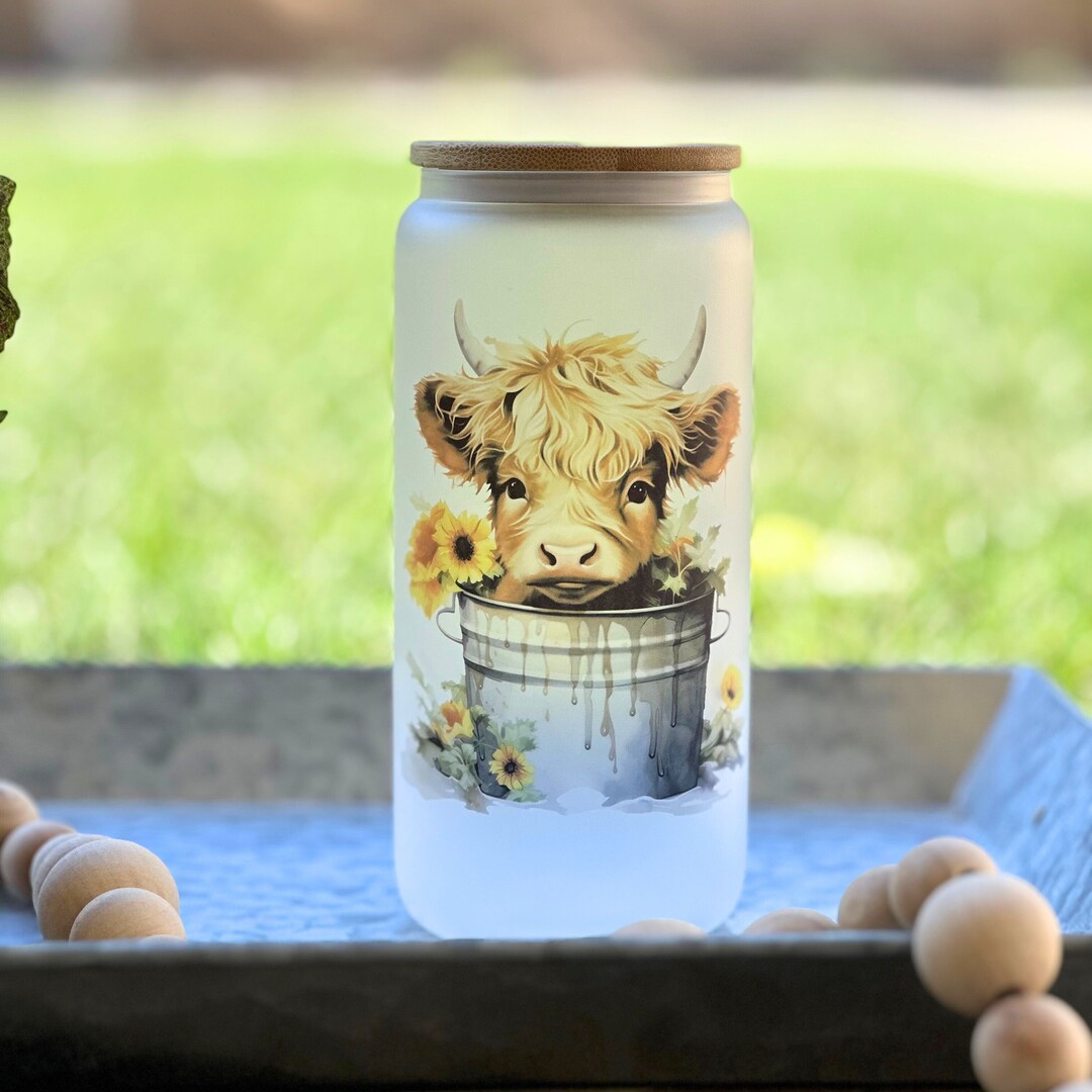 Highland Cow Glass Cup Iced Coffee Cup, Cow Coffee Cup, Large Glass ...