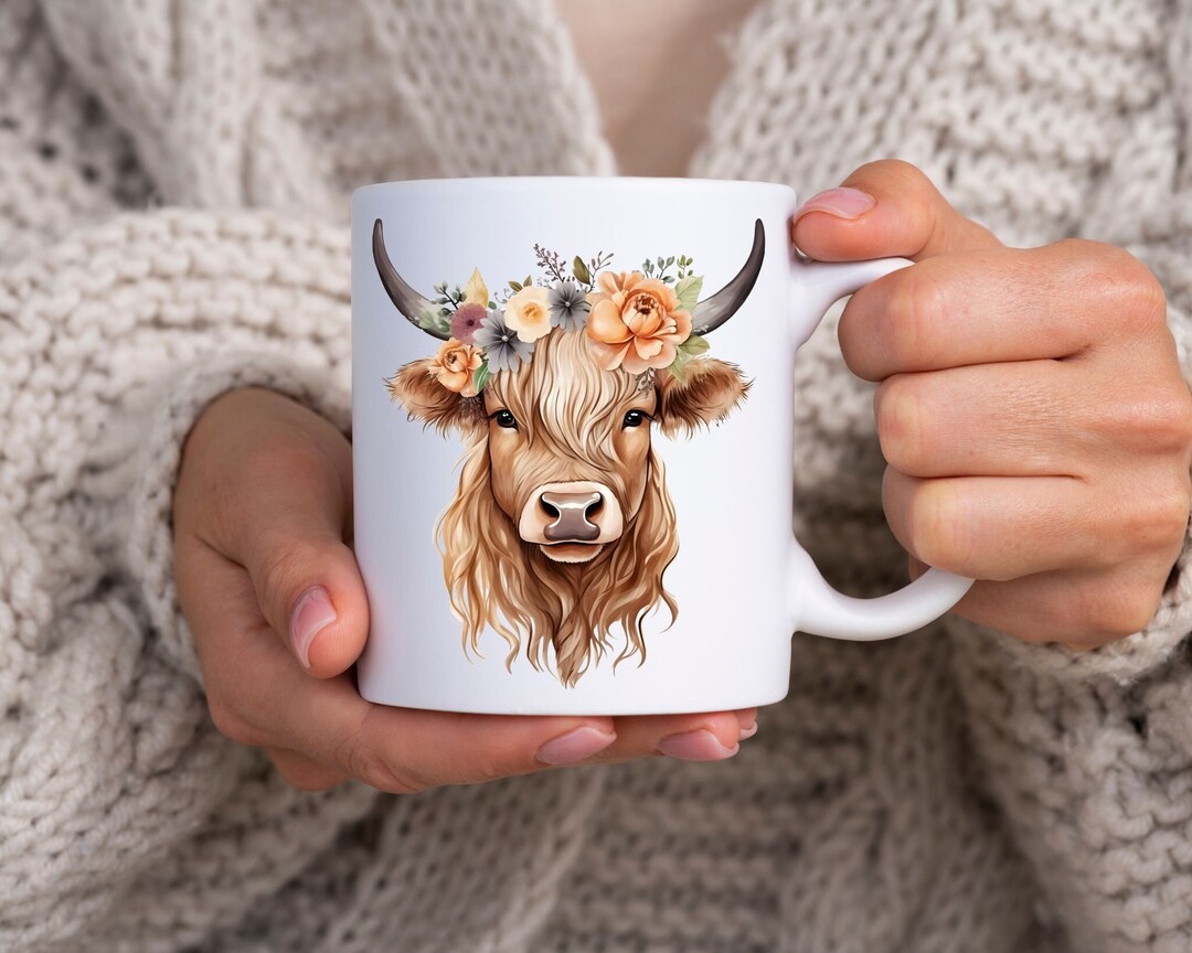 Cow Mug Highland Cow Mug, Boho Floral Cow, Cow Gifts for Her, Cow ...