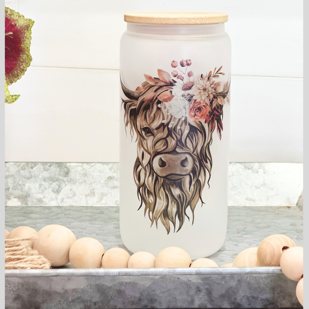 Highland Cow Glass Cup Iced Coffee Cup, Cow Coffee Cup, Large Glass ...