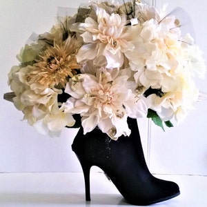 Partial Sparkle Black Ankle Boot, Silk Cream Dahlias and Gerbera ...