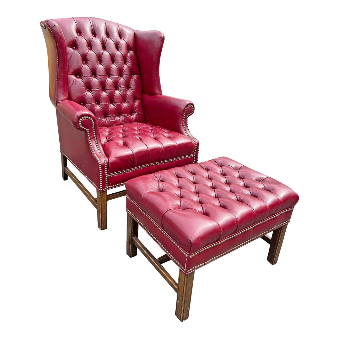 Vintage Chesterfield Tufted Leather Wingback Chair and Ottoman by Ethan ...
