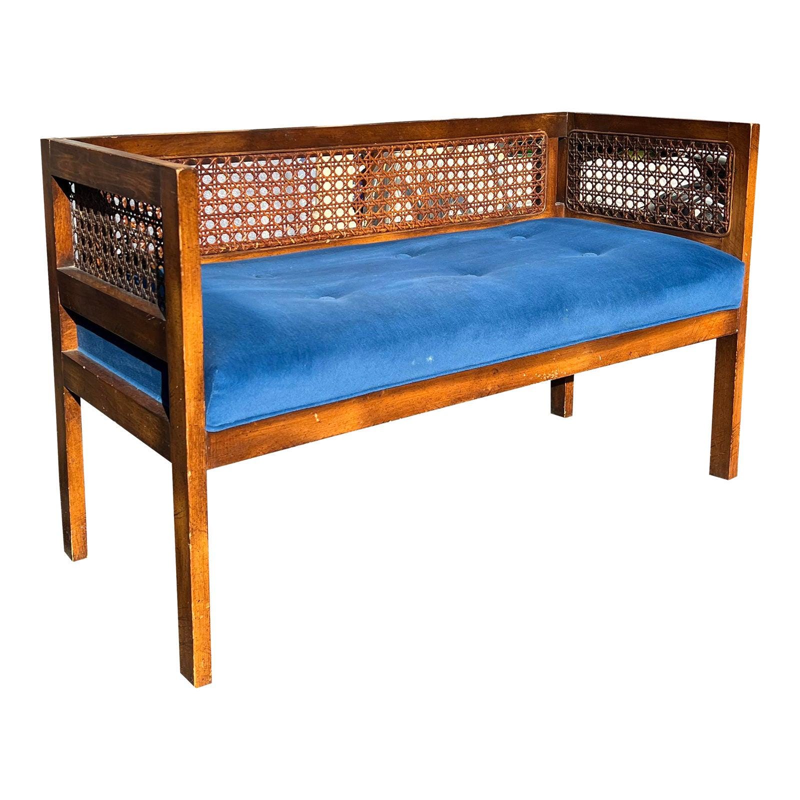 Vintage Cane Bench or Settee Compact Seating With Blue Fabric
