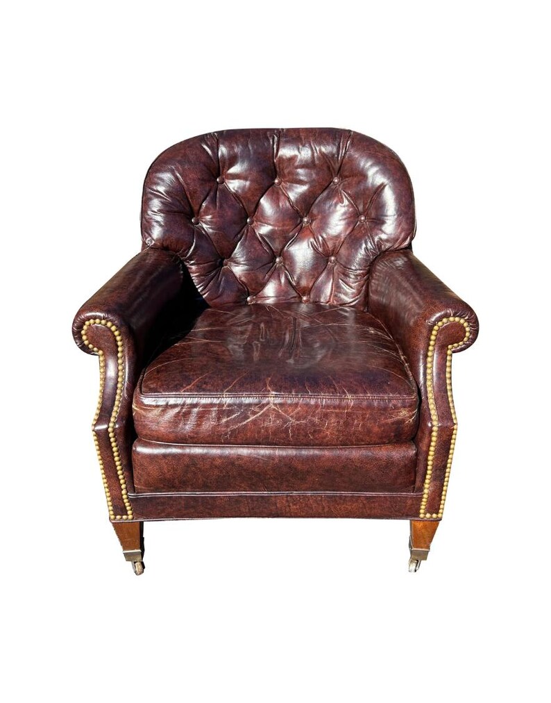 1980s Vintage Tufted Leather Accent Chair With Brass Rivets and Wheels ...