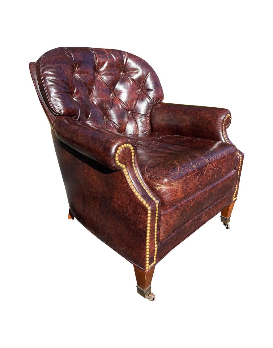 1980s Vintage Tufted Leather Accent Chair With Brass Rivets and Wheels ...