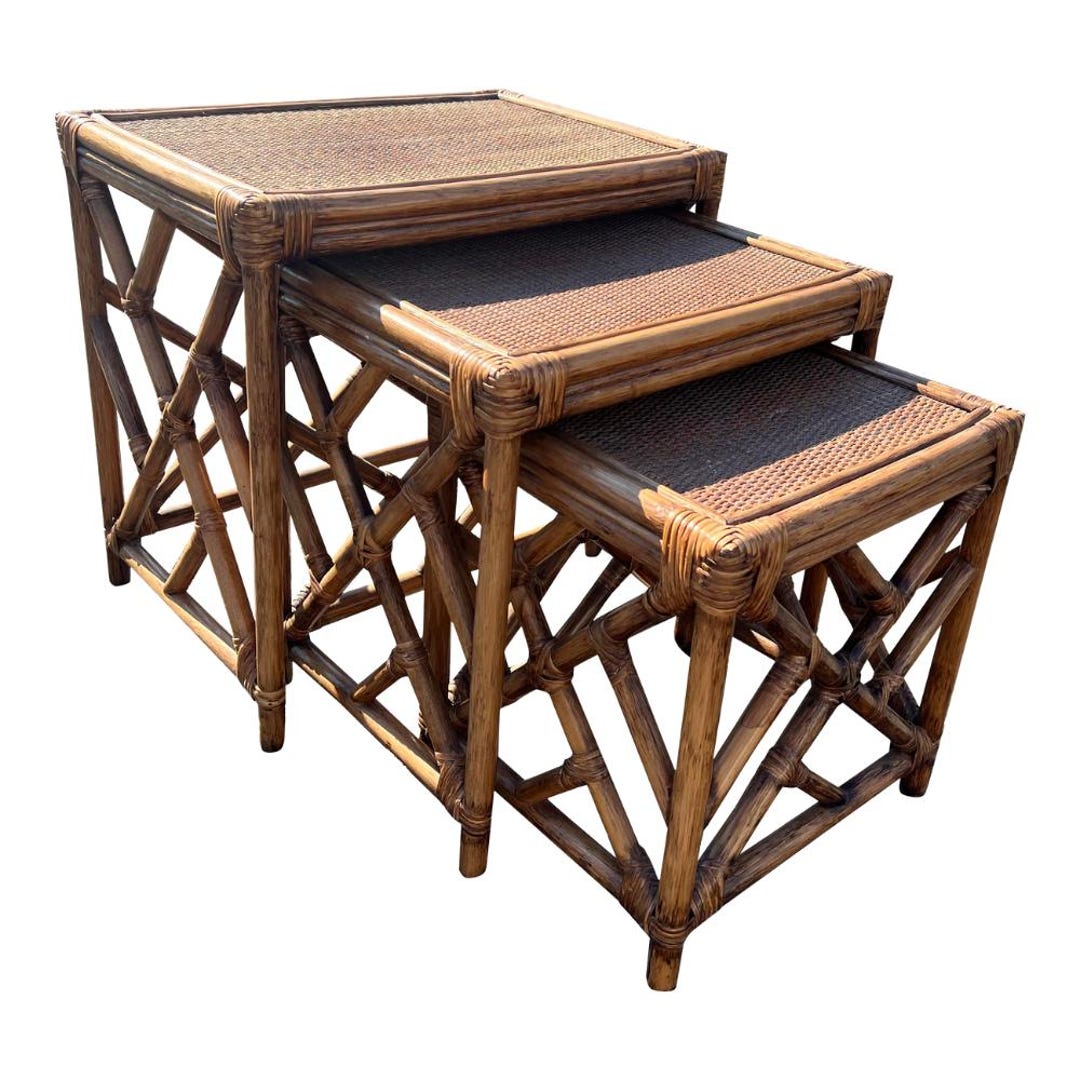 Vintage Bamboo Rattan Wicker Nesting Tables Set of 3 in Coastal Boho ...