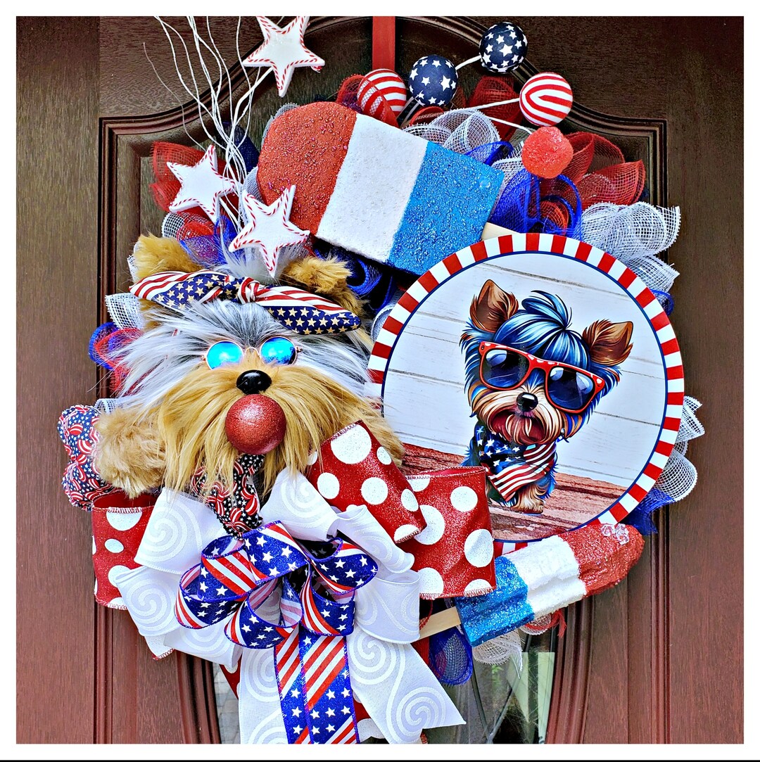 Patriotic Yorkie Wreath With Bubble Gum and Sunglasses, Chantybychanty ...
