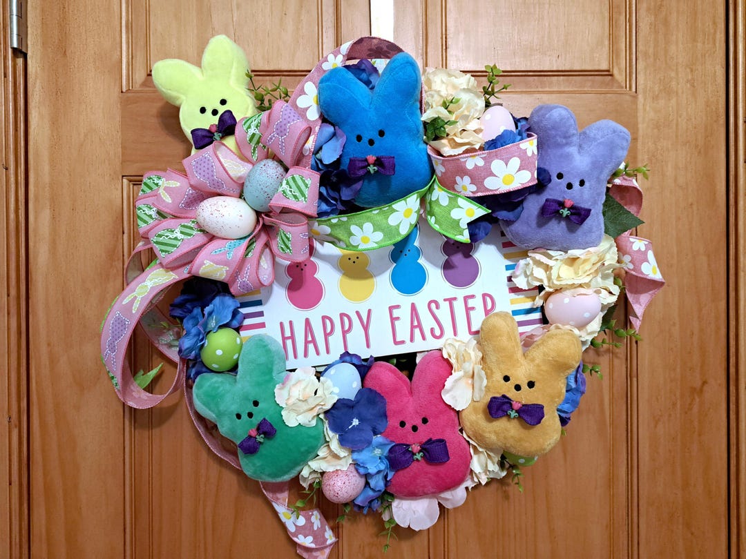 Happy Easter Peeps Wreath – Handmade 20” Spring Door Decor With Bunny ...