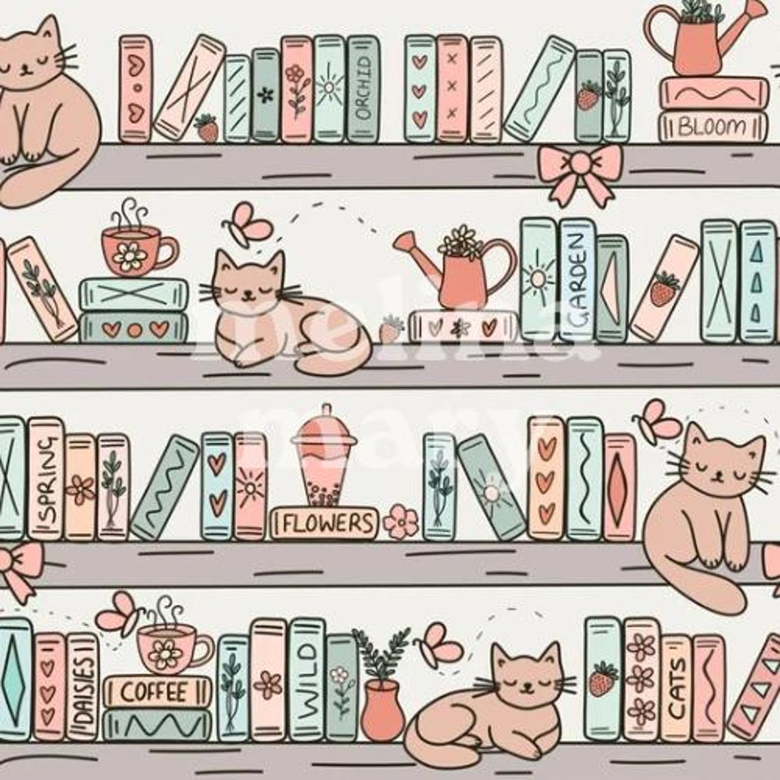 Cat and Flowers Bookshelf Seamless Pattern: Bookish Repeat Design ...