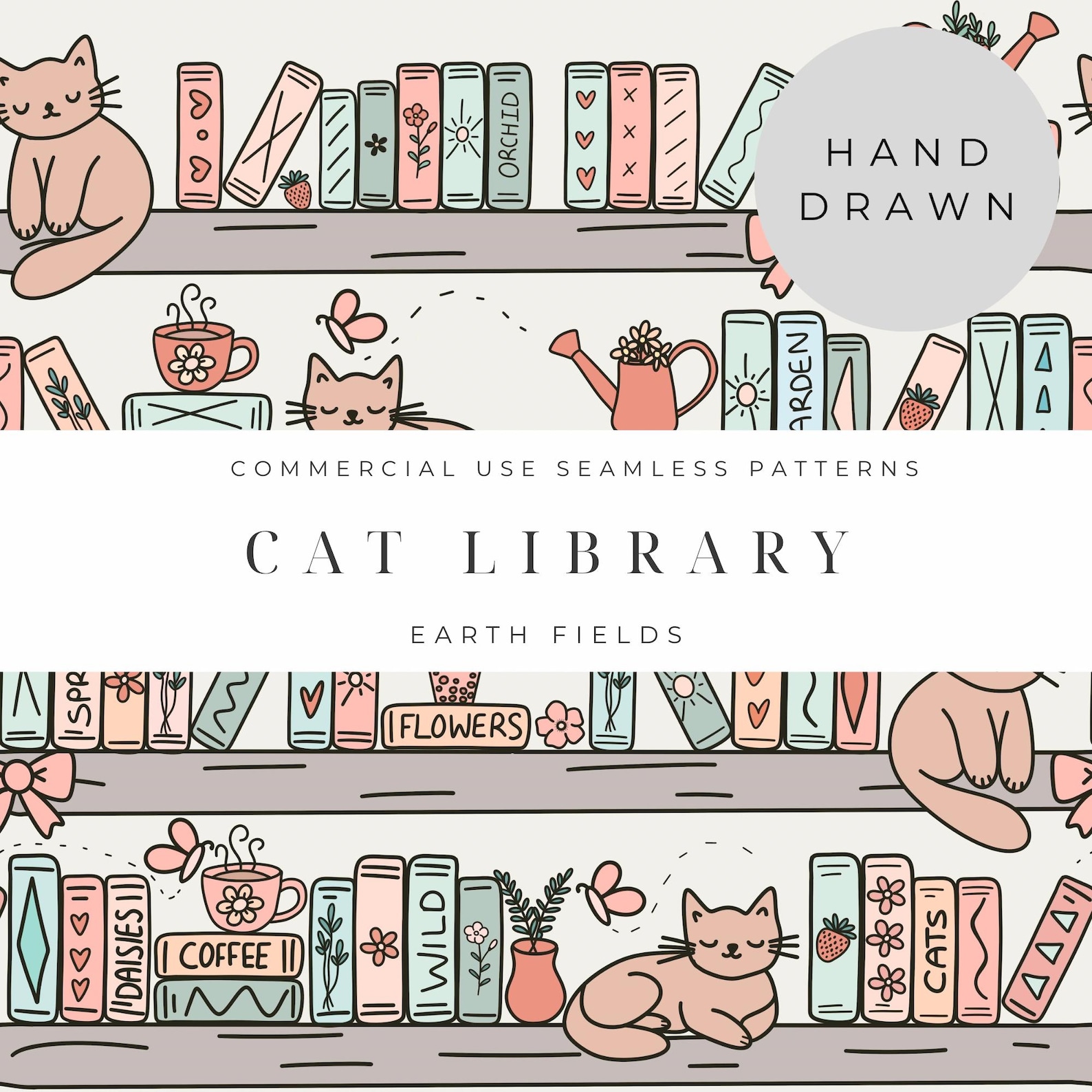 Cat and Flowers Bookshelf Seamless Pattern: Bookish Repeat Design ...