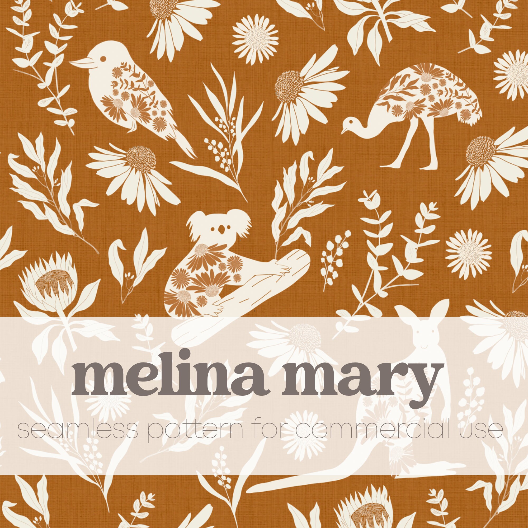 Australiana Flora And Fauna On Ochre Koala Emu Kookaburra Kangaroo Seamless Repeat Pattern