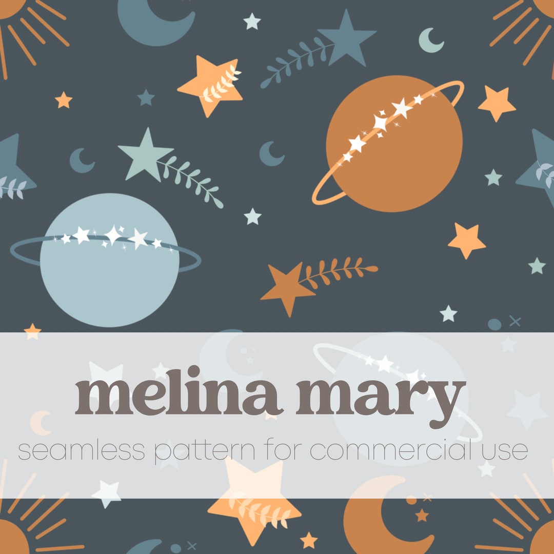 Planets, Stars and Moons Botanical Space Theme Navy Blue Seamless ...