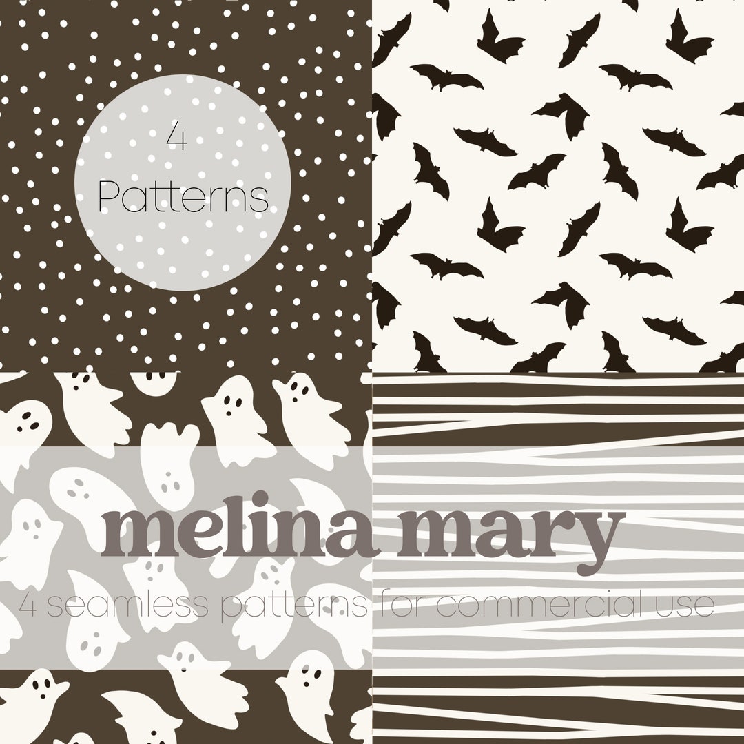 Set of 4 Seamless Patterns Halloween Polka Dots, Bats, Cute Ghosts and ...