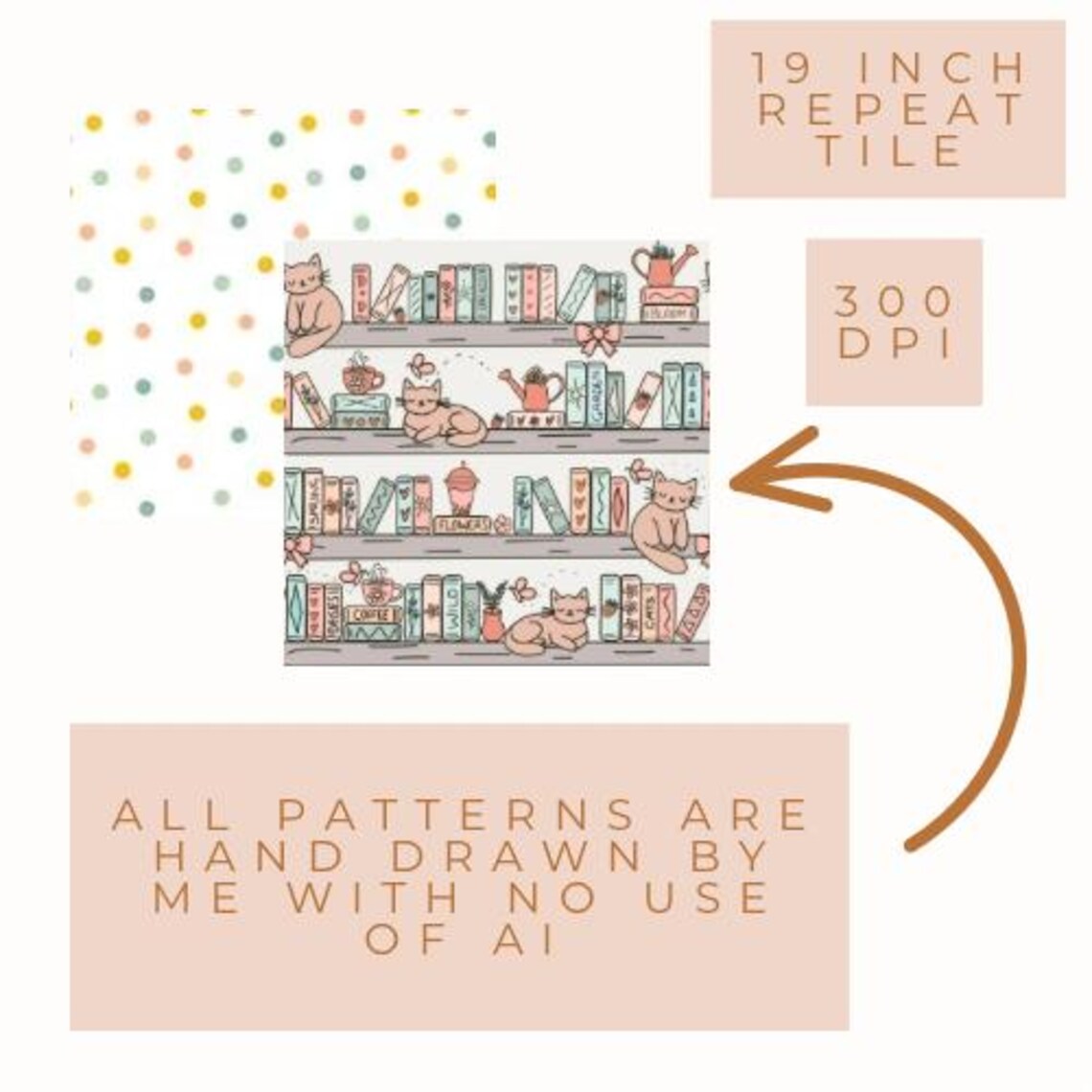 Cat and Flowers Bookshelf Seamless Pattern: Bookish Repeat Design ...