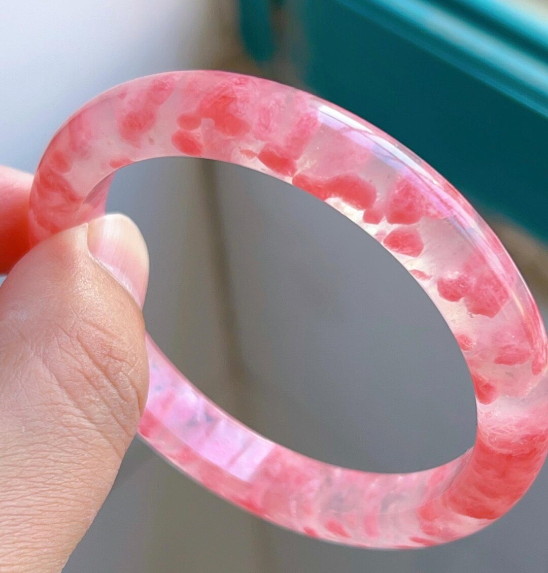 Natural Cherry Blossom Rhodonite Bangle, Pink Stone Bracelet (62.5x11mm ...