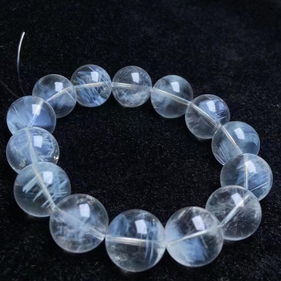 16mm Rare Genuine Blue Feather Needle Rutilated Quartz Beaded Bracelet ...