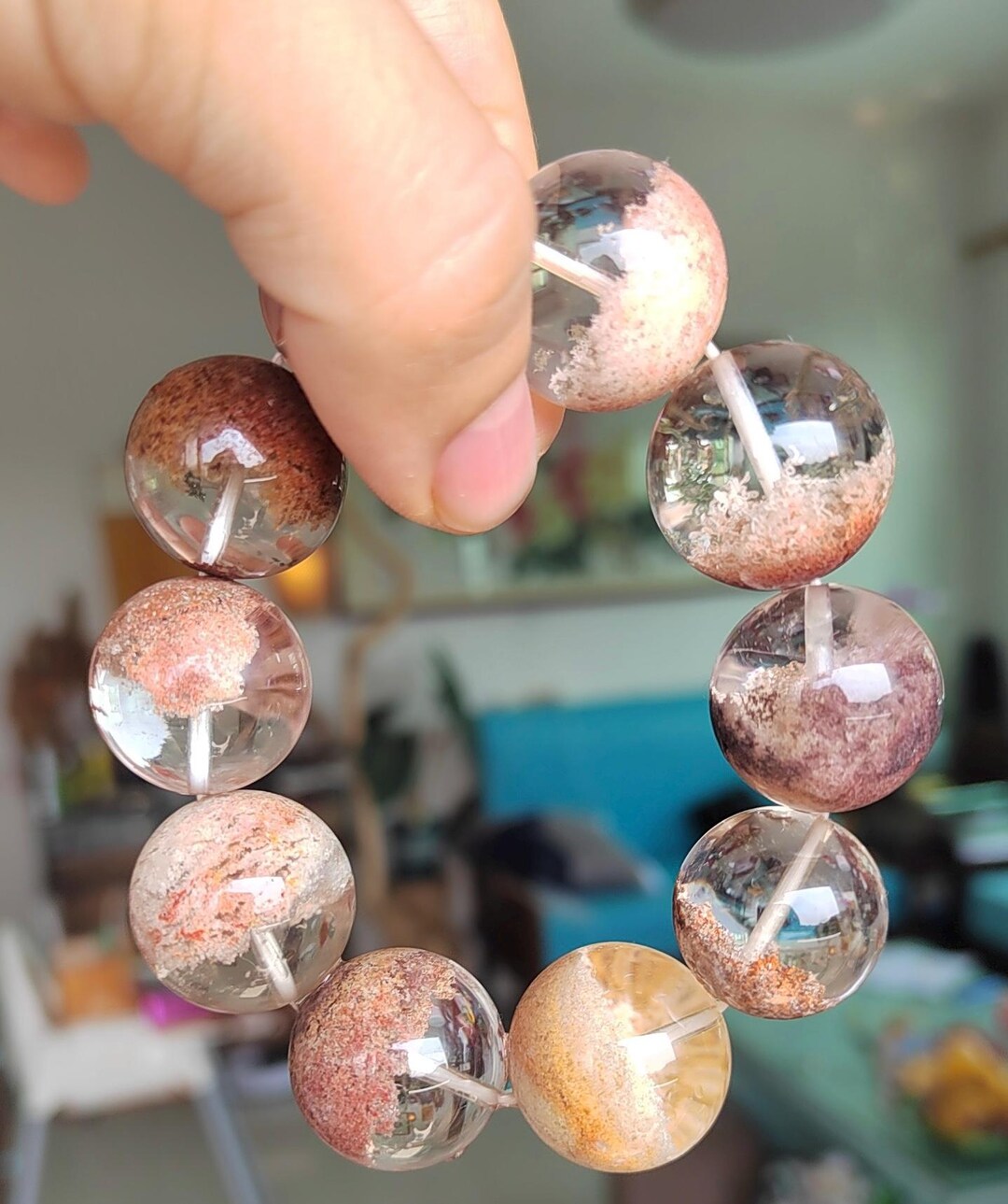 20mm Rare Genuine Flowers Pink Phantom Quartz Crystal Beads Bracelet ...