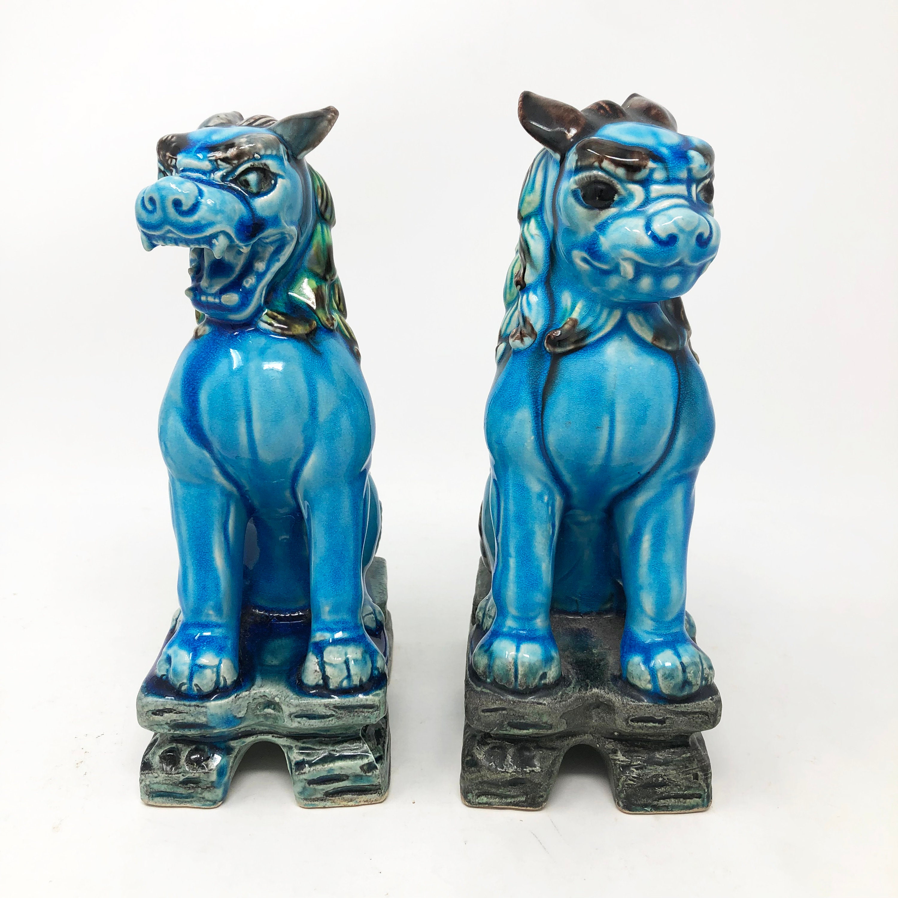 Japanese Turquoise-blue Glazed Foo Dog Figurines Komainu Statues Mid ...