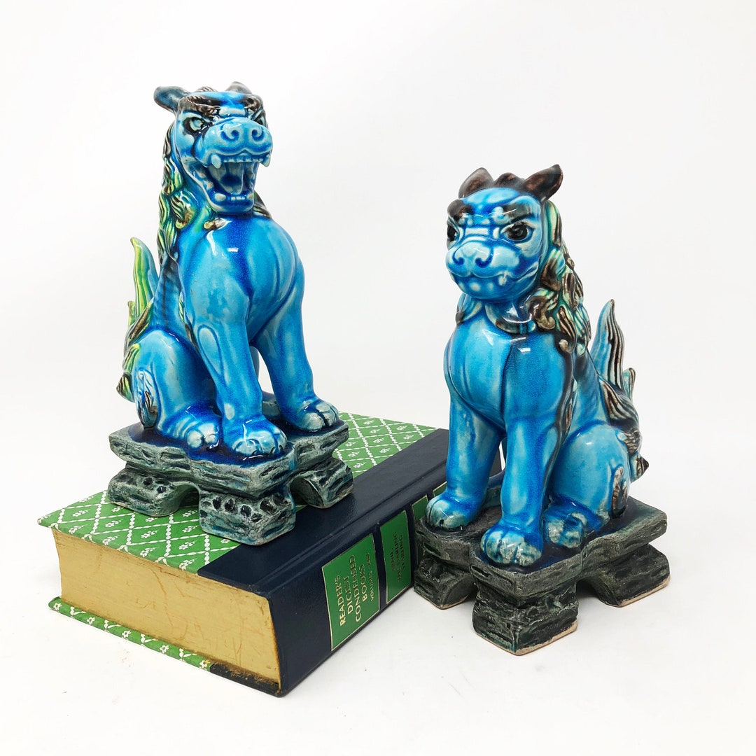 Japanese Turquoise-blue Glazed Foo Dog Figurines Komainu Statues Mid ...