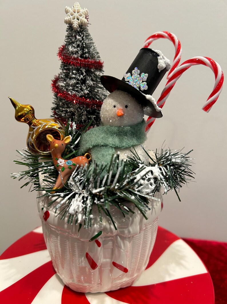 Lefton Christmas Assemblage With Snowman, Candy Canes, and Vintage ...