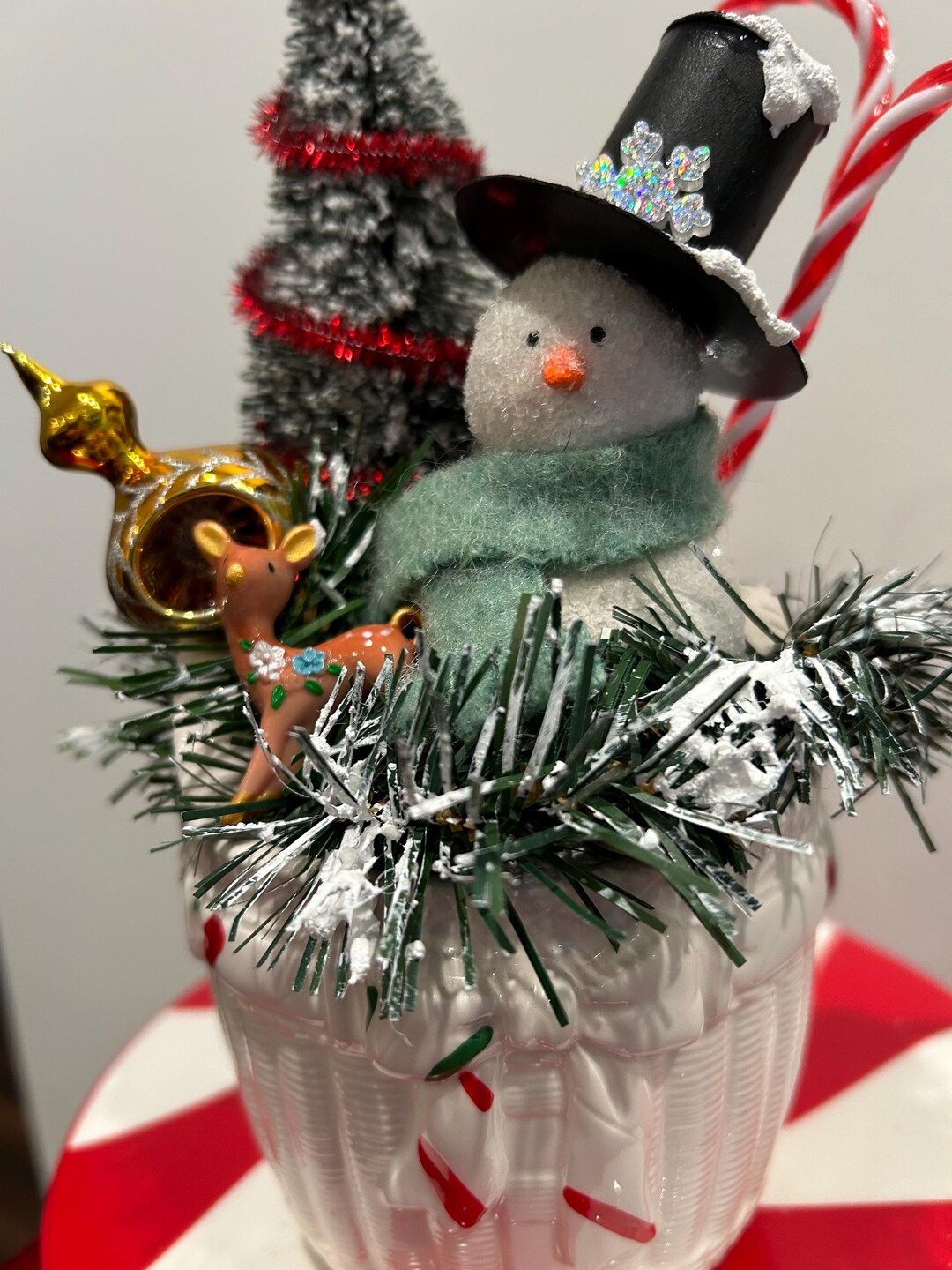 Lefton Christmas Assemblage With Snowman, Candy Canes, and Vintage ...