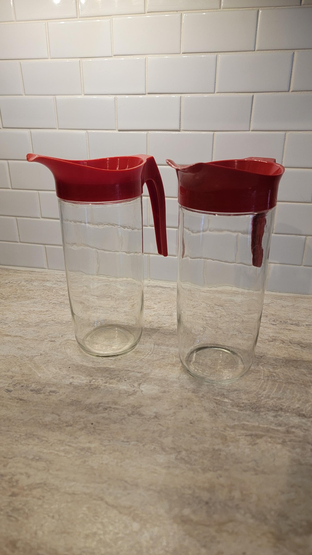 Vintage Anchor Hocking Clear Glass Pitchers With Red Plastic Handle ...