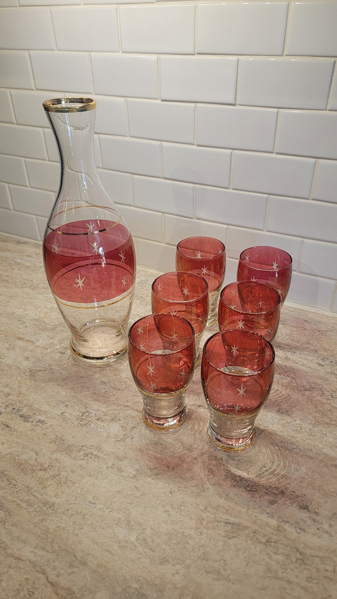 Vintage Ruby Red Wine Etched Glass Decanter With Matching Wine Glasses ...