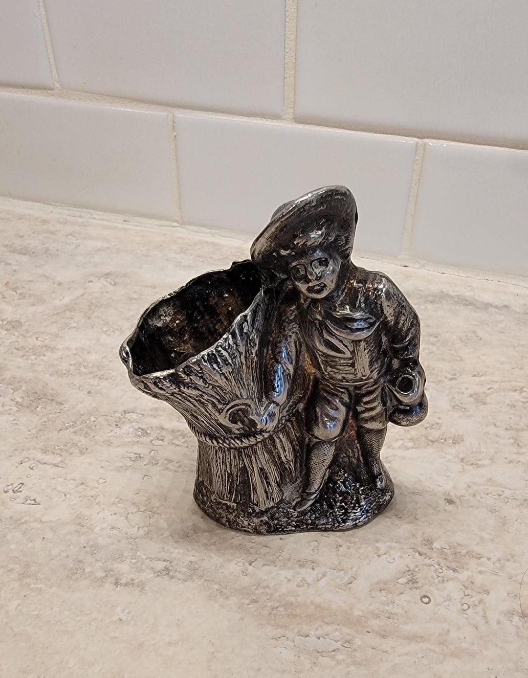 Antique Silver-plated Victorian Toothpick Holder, Little Boy Next to a ...