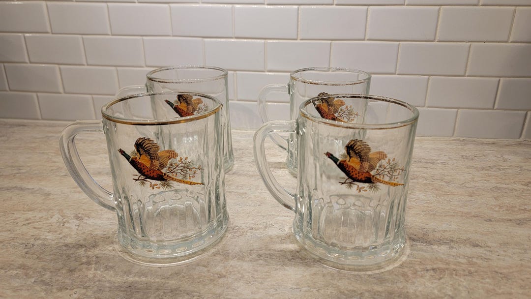 Vintage Dema Glass Beer Steins, Clear Pheasant Gold Rimmed Beer Steins ...