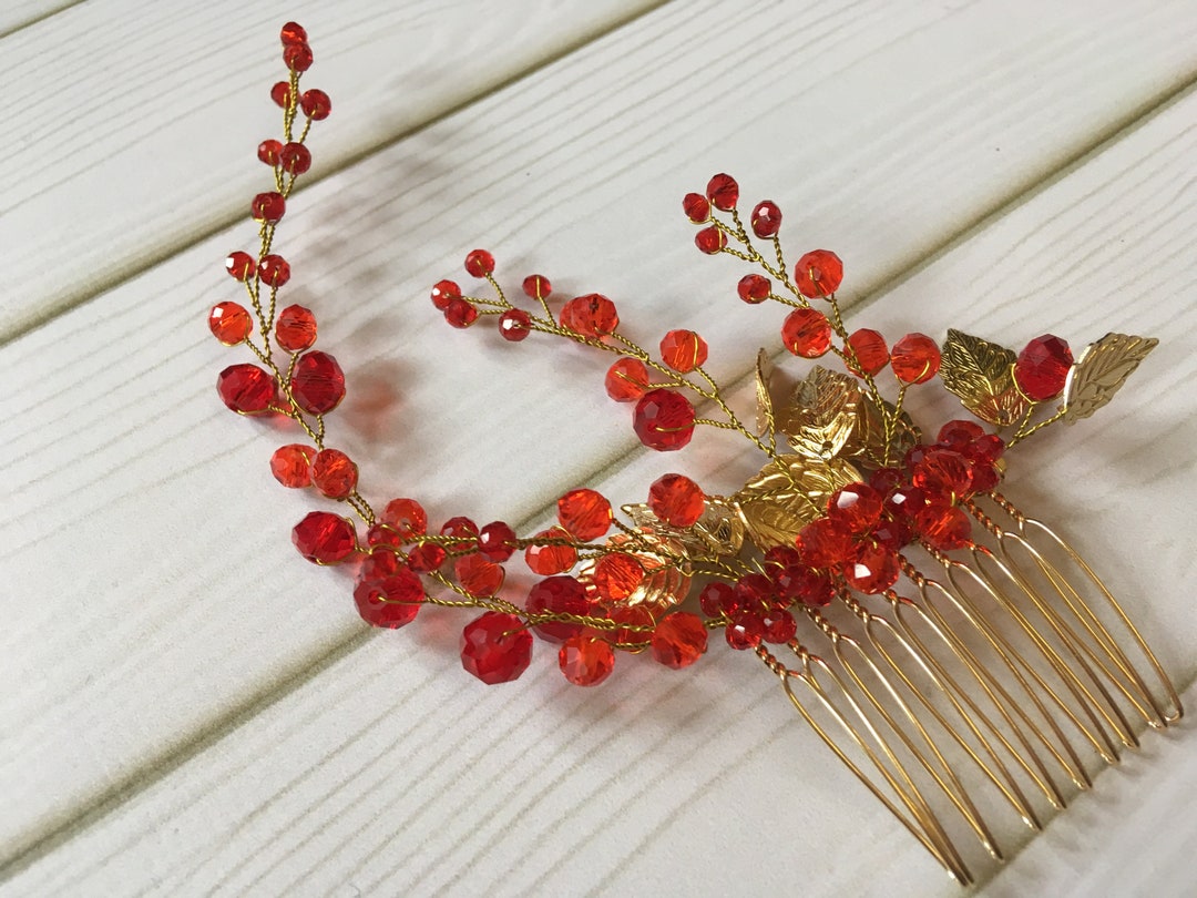 Red Wedding Hair Comb, Red Crystal Hair Comb, Red and Gold Hair Comb ...