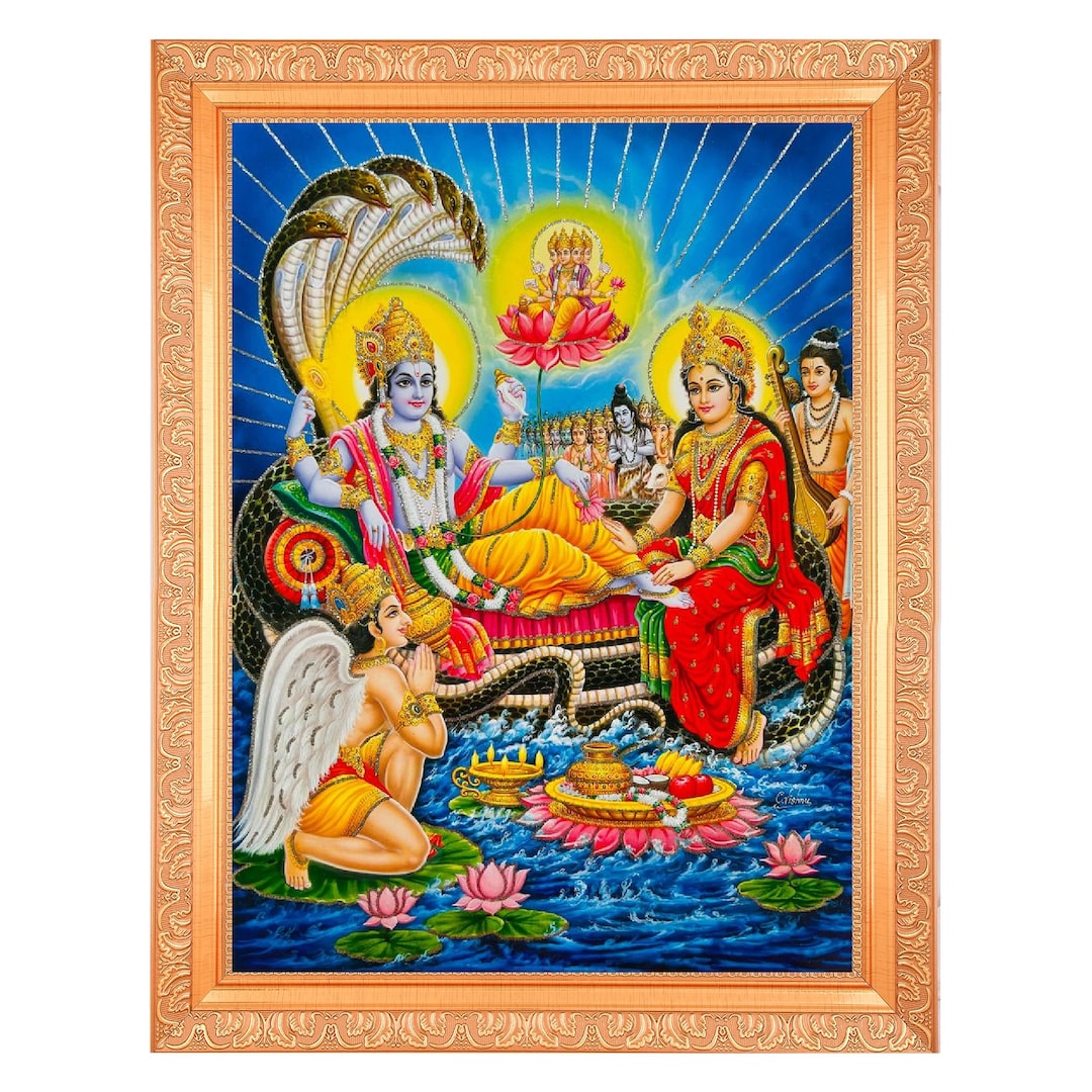 Vishnu Lakshmi Painting Print, Silver Zari in Golden Artwork Frame (14 ...